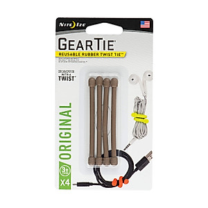 Nite Ize Original Gear Tie, Reusable Rubber Twist Tie, 3-Inch, Coyote, 4 Pack, Made in the USA