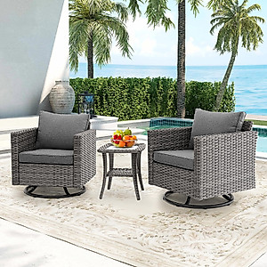 Patio Wicker Swivel Rocker Chairs, Outdoor Glider Rocking Chairs Set of 2 with Side Table, High Back and Thick Cushion Patio Swivel Glider Chair 3 Piece Patio Furniture Sets for Porch Backyard Pool