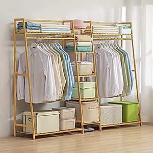 MoNiBloom Bamboo Coat Rack with 5-Tier Storage Shelves Trapezoid Freestanding Garment Rack Clothes Hanging Rack Stand for Bedroom Living Room, Natural