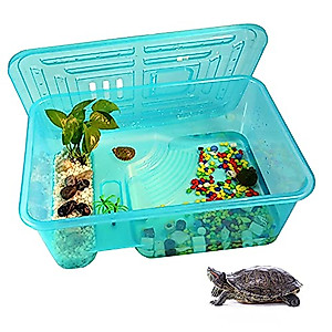 kathson Turtle Tank Aquarium, Turtle Habitat Reptile Plastic Terrarium Safe Durable, Turtle Tank with Lid Prevent Tortoise from Climbing Escaping (Small)