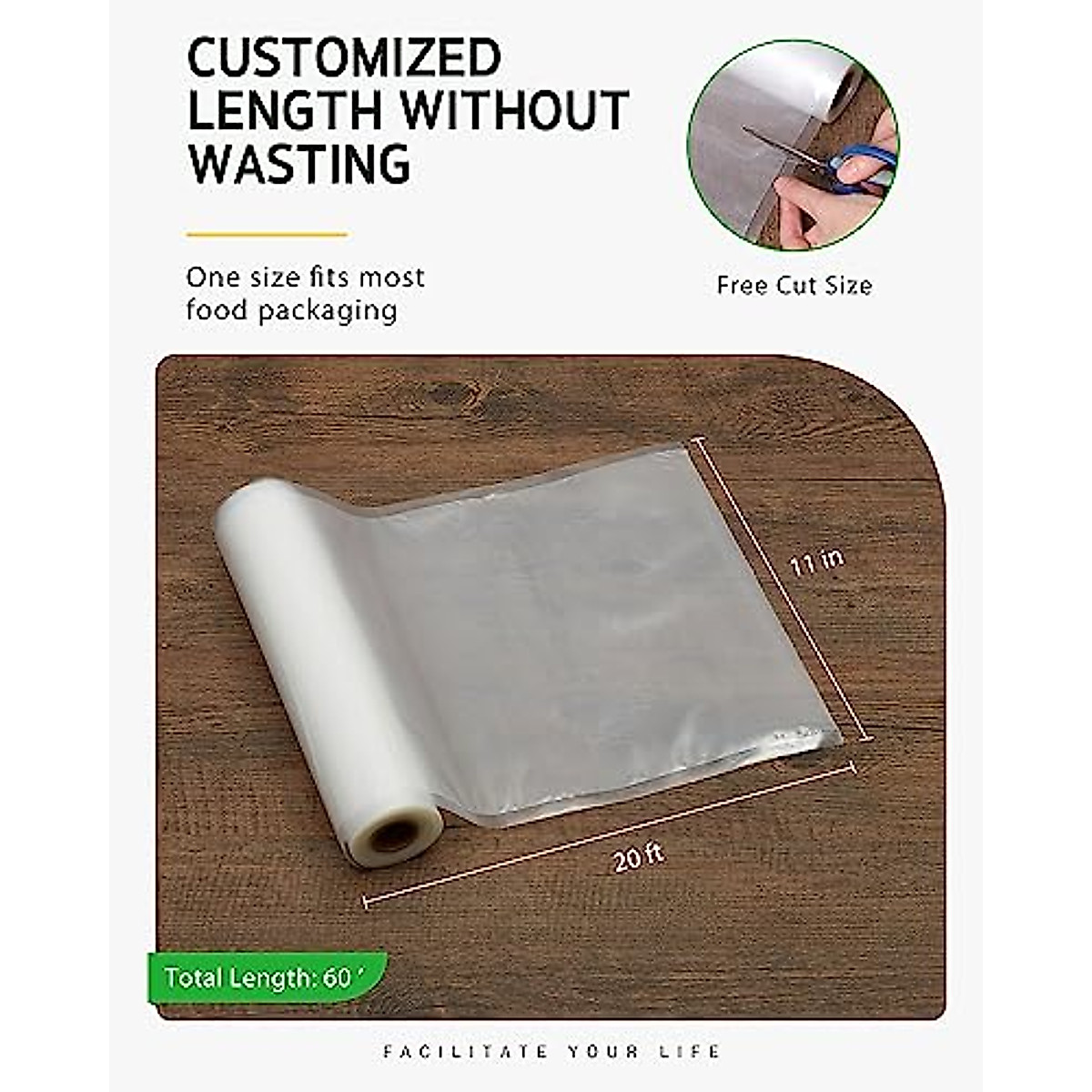 Syntus Vacuum Sealer Bags for Food,3 Rolls 11" x 20' Commercial Grade Bag Rolls, Food Vac Bags for Storage, Meal Prep or Sous Vide