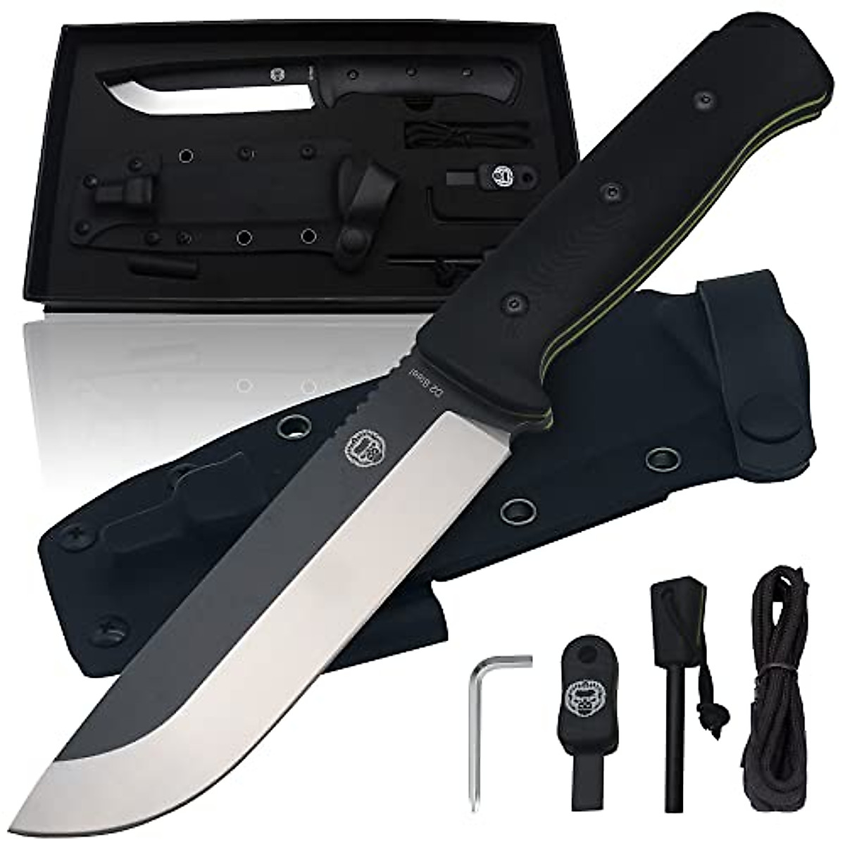 Survival Camping Knife | Fixed Blade Hunting Knife W Sheath | Gift Set For Him Knife with Fire Starter, G10 Scraper & Paracord | Bushcraft Outdoor Knife |Full Tang Tactical Survival Knife Kit (Black and Green G10 Liner)