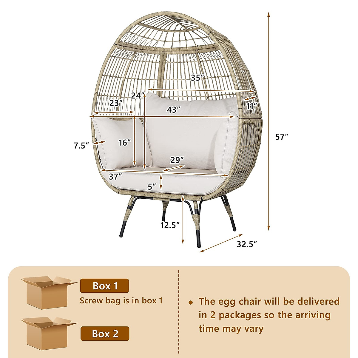 Tangkula PE Wicker Egg Chair, Patiojoy Oversized Indoor Outdoor Patio Lounge Chair with Cushions and Pillows, Steel Frame Basket Chair for Garden, Deck, Balcony, Living Room (Light Brown)