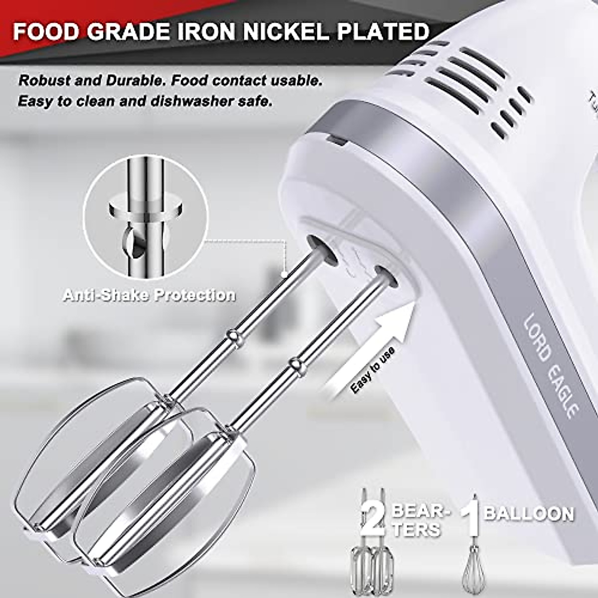 Lord Eagle Electric Hand Mixer Mini, 300W Power Handheld Mixer Kitchen for 5-Speed Baking Cake Egg Cream Food Beaters Whisk, with Snap-On Storage Case, White