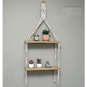 Macrame Bamboo Shelf with Sea Glass for Wall Hanging -2 Tier w/Beads - Unique Woven Boho Home Organizer Decor, Floating Storage for Small Plants, Handmade Cotton Rope-Bedroom, Living Room, Bathroom