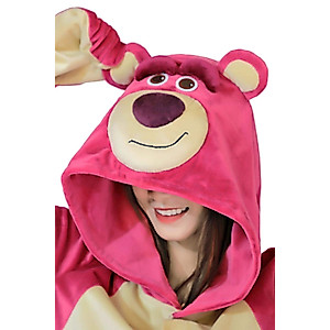 Ruleewe Unisex Bear Onesie Pajamas Pink Bear One Piece Cosplay Animal Hooded Velvet Jumpsuit Sleepwear