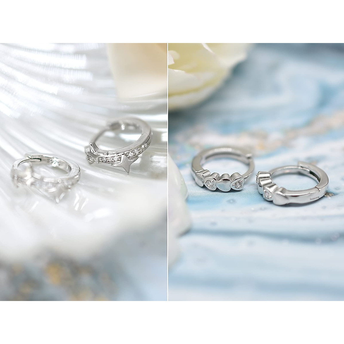 Silver Hoop Earrings Set for Women Sterlings Silver Hypoallergenic Star Earrings Heart Hoop Earrings Danity Cubic Zirconia Cartilage Huggie Hoop Earrings Set for Her Gifts for Birthday Christmas