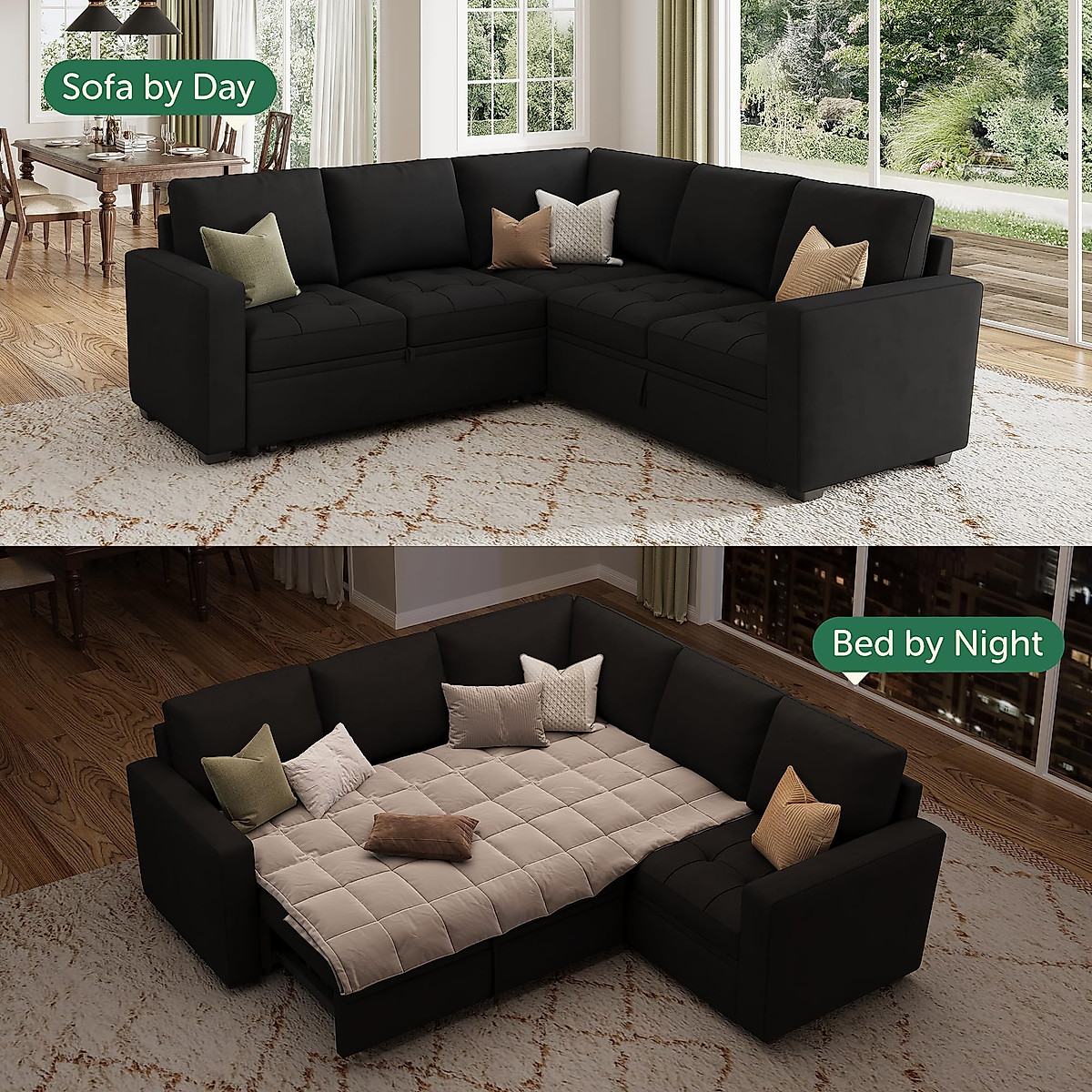 HONBAY Modular Sectional Sleeper Sofa with Pull Out Bed, Velvet Convertible L Shaped Sectional Couch with Storage Seat, Sectional Couches for Living Room, Balck