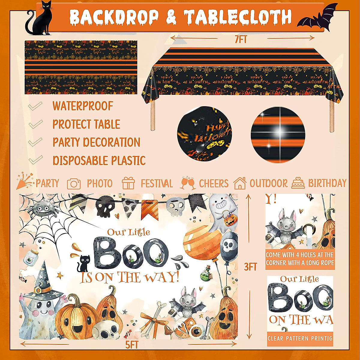 Our Little Boo is on the Way Baby Shower Decorations,Halloween Baby Shower Decorations for Boy Kit Backdrop Backdrop Banner Cake Cupcake Topper Tablecloth Spider Web for Baby Boy Shower Halloween