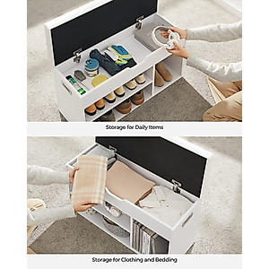 VASAGLE Storage Bench with Cushion, Shoe Bench with Padded Seat, 3 Compartments, Hidden Storage, Shelves, Hallway Bedroom, Load Capacity 330 lb, 11.8 x 31.5 x 17.3 Inches, Cloud White