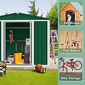 Crownland Backyard Garden Storage Shed 4 x 6 Feet Tool House with Sliding Door Outdoor Lawn Steel Roof Style Sheds, Green