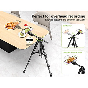 Elitehood Newest Ultra-Stable Overhead Tripod for iPhone – Heavy Duty Aluminum Tripod & 25in Horizontal Long Phone Arm, Tall Phone Stand Mount for Recording, 360°Adjustable iPhone Tripod Stand