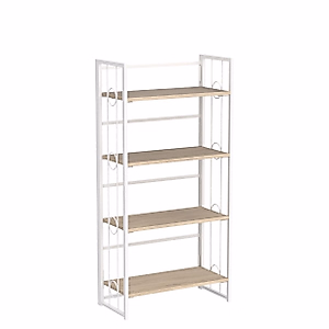 4NM No-Assembly 4 Tiers Folding Bookshelf Storage Shelves Vintage Bookcase Standing Racks Study Organizer Home Office - Natural and White