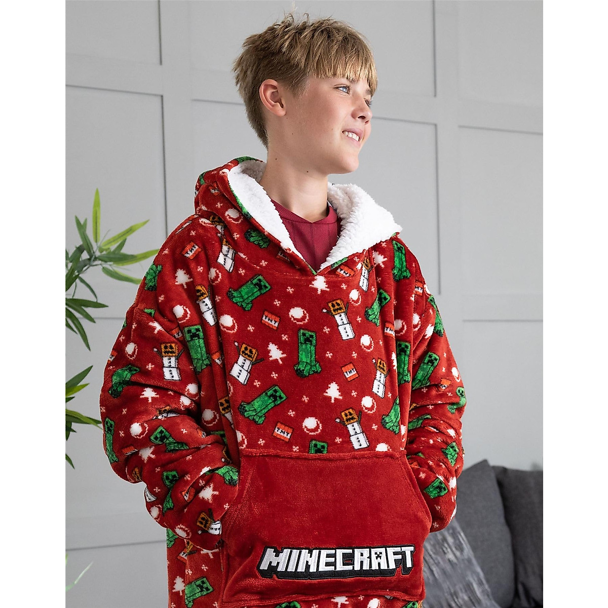 Minecraft Christmas Xmas Vuddie Oversized Blanket Hoodie Kids Boys Girls Red Fleece