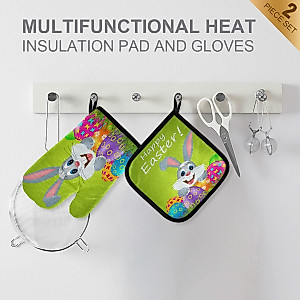 Easter Bunny Oven Mitts Potholders Set Colors Eggs Kitchen Baking Glove and Pot Holder for Cooking BBQ
