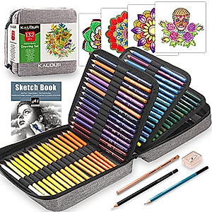 KALOUR 132 Colored Pencils Set,with Adult Coloring Book and Sketch Book,Artists Colorless Blender,Zipper Travel Case,Soft Core,Ideal for Drawing Sketching Shading,Art Supplies for Beginners Kids