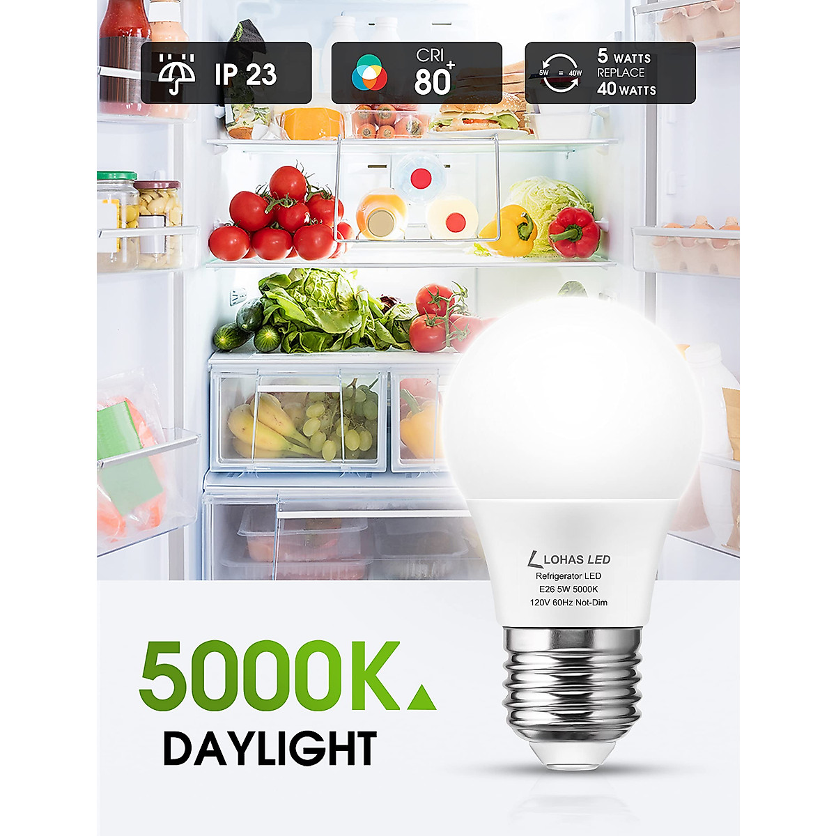 L LOHAS LED Refrigerator Light Bulb, 40W Equivalent 120V A15 Fridge Waterproof Bulbs, 5W E26 Medium Base Daylight White 5000K for Freezer Home Kitchen Lighting, Non-dimmable, 2 Pack