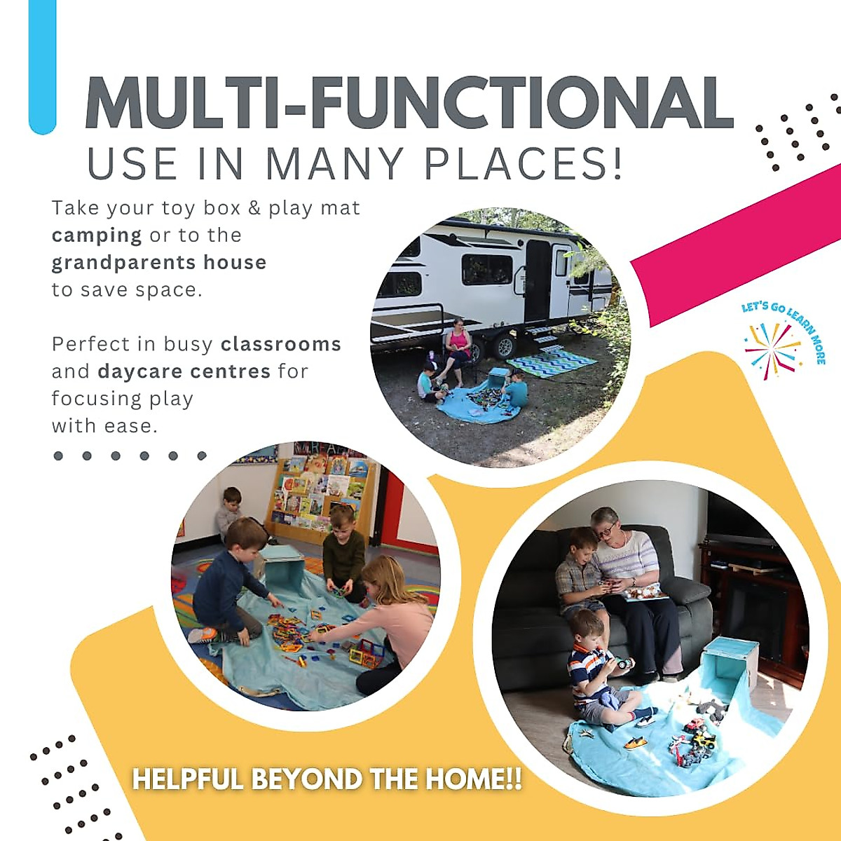 Let's Go Learn More Toy Storage Box with Play Mat for Kids | Toy organizer and storage bin with foldable play mat for building bricks, magnets, blocks, little cars, dolls