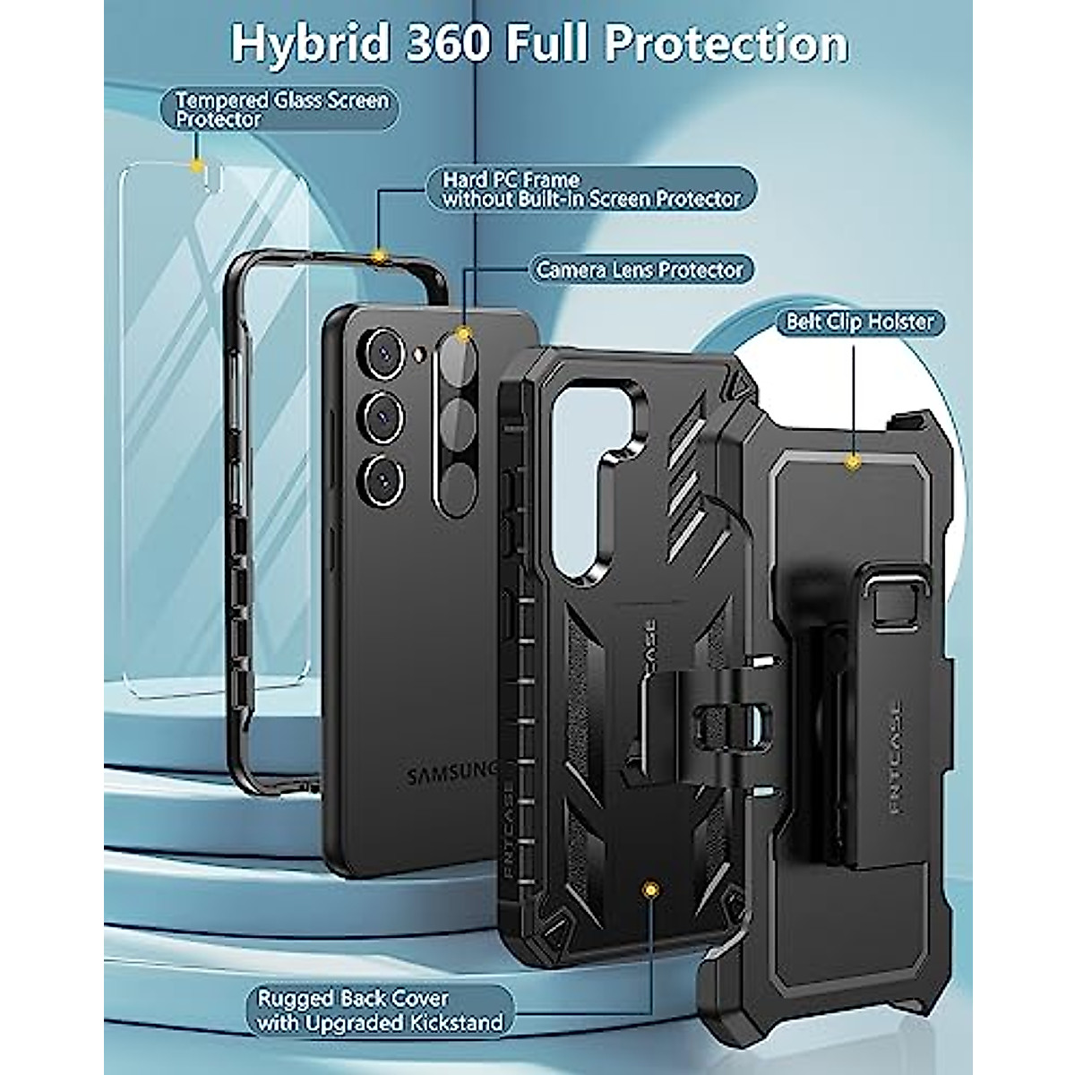 FNTCASE for Samsung Galaxy S23 Case : with Belt-Clip Holster & Kickstand Heavy Duty Rugged Shockproof Protective Phone Shell | Military Grade Protection Durable Cover for Galaxy S23 - Black