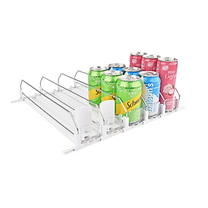 Drink Dispenser for Fridge, Self-Pushing Soda Can Organizer for Refrigerator, Width Adjustable Beverage Pusher Glide, Beer Pop Can Water Bottle Storage for Pantry, Kitchen - 5 Row (White, 380-5）