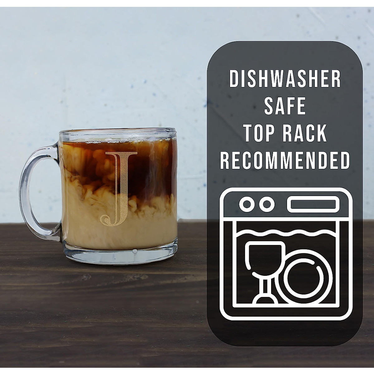 Spotted Dog Company Etched Monogram 12oz Clear Glass Coffee Mug (Letter J), A-Z Customized Coffee Gifts for Coffee Lovers, Custom Engraved Gifts for Women Her, Personalized Gift for Men, Initial