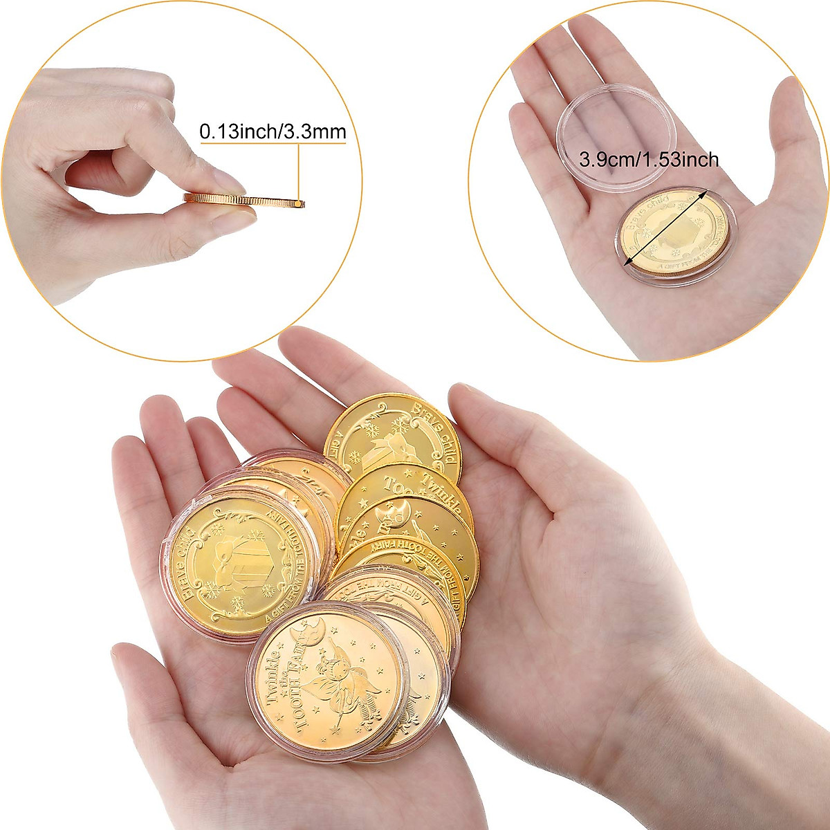 Tooth Fairy Gold Coins for Kids Boys Girls Lost Teeth Reward Commemorative Coin Tooth Fairy Golden Coin with Plastic Case No Fading Tooth Fairy Commemorative Coin for Lost Tooth Kids (10 Pieces)