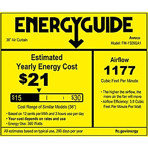 Awoco 36" Super Power 2 Speeds 1200CFM Commercial Indoor Air Curtain, UL Certified, 120V Unheated - Magnetic Door Switch Included