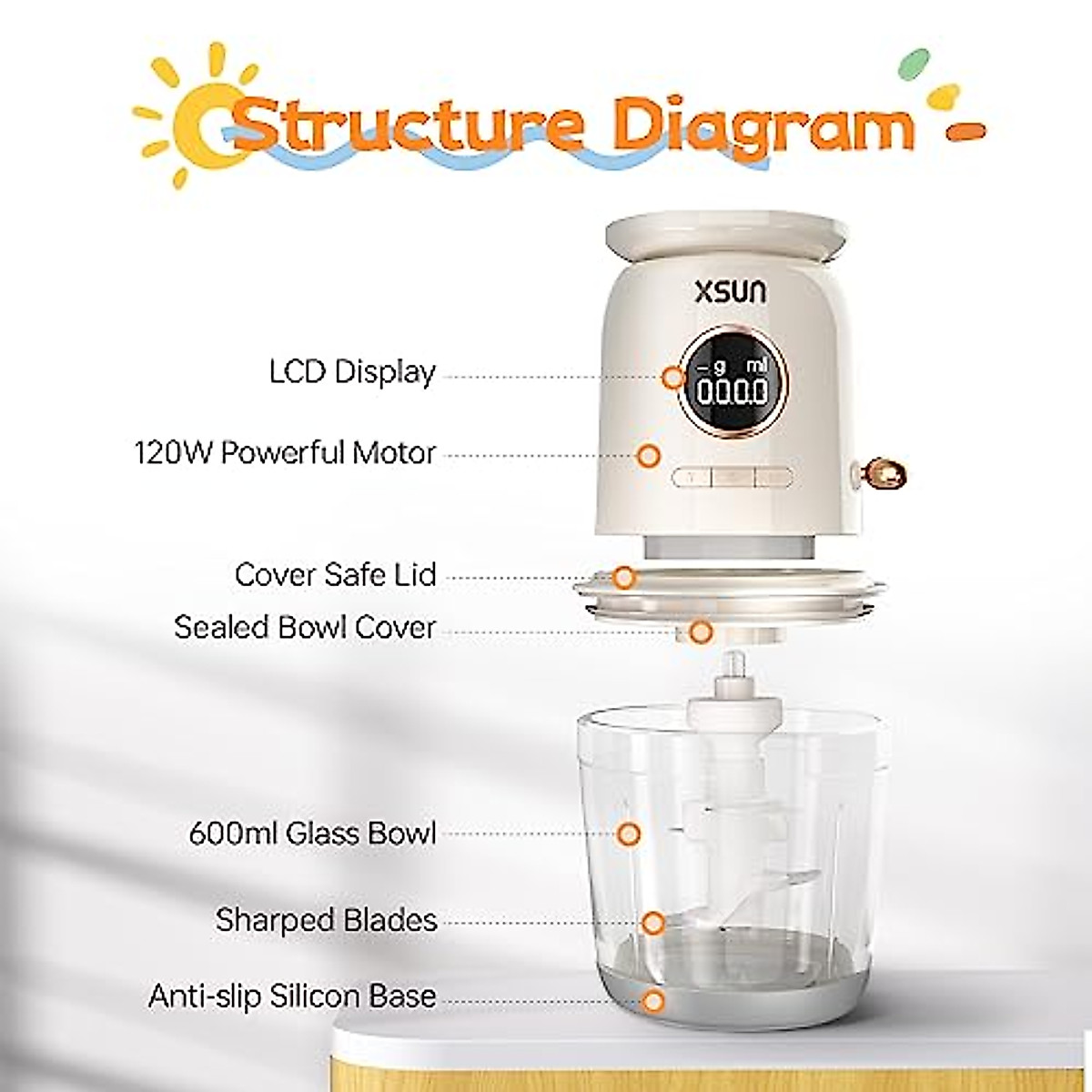 Xsun Baby Food Maker,Portable Baby Food Processor Set for Baby Food, Fruits, Meat, Vegetable Baby Food Puree Blender with Food Containers, Baby Plates, Silicone Spoon,600ml Glass Bowl