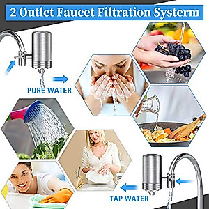 Faucet Mount Water Filters SUS304 Stainless Steel Sink Water Filter with Ultrafiltration Membrane Reduce Chlorine, Lead, BPA Free and Pollutants Faucet Water Filter (2 Filters Cartridges)