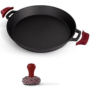 Cuisinel Cast Iron Skillet + Chainmail Scrubber Cleaner - 17"-Inch Dual Handle Braiser Frying Pan + Silicone Handle Covers - Pre-Seasoned Oven, Grill, BBQ, Stovetop, Fire Cookware - Indoor/Outdoor Use
