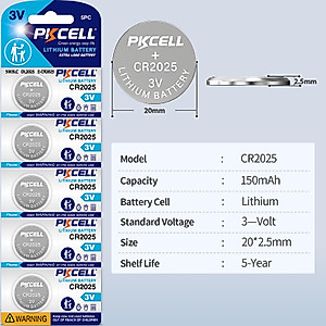 PKCELL 5Pcs CR2025 Battery CR 2025 3V Lithium Coin Battery for Car Key Fob, Remote Control