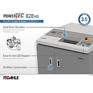 Dahle PowerTEC 828 HD Hard Drive and Paper Shredder, Cross Cut, Shreds 3.5" Hard Drives, CDs/DVDs, Paper, Chain Driven 4.5 Hp Motor, P-3 Security/H-4