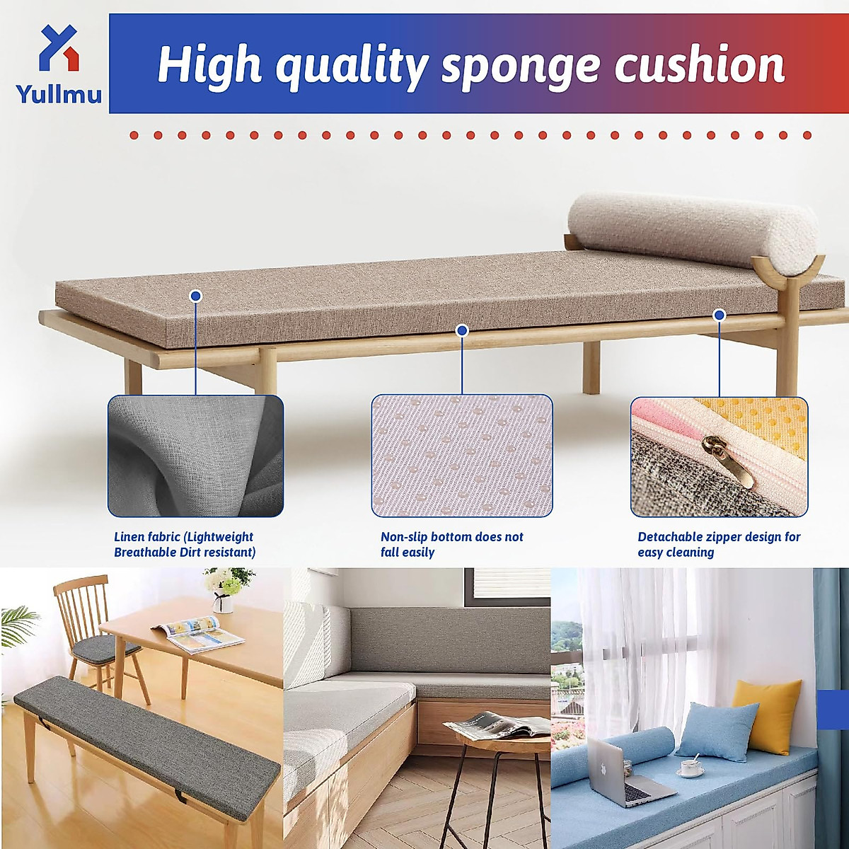 Yullmu Custom Bench Cushions for Indoor Furniture,Custom Size Window Seat Cushions,Window Bench Cushions with Non-Slip,Sofa Seat Bench Cushion,Piano Chair Cushion Indoor-50D Foam (Linen)