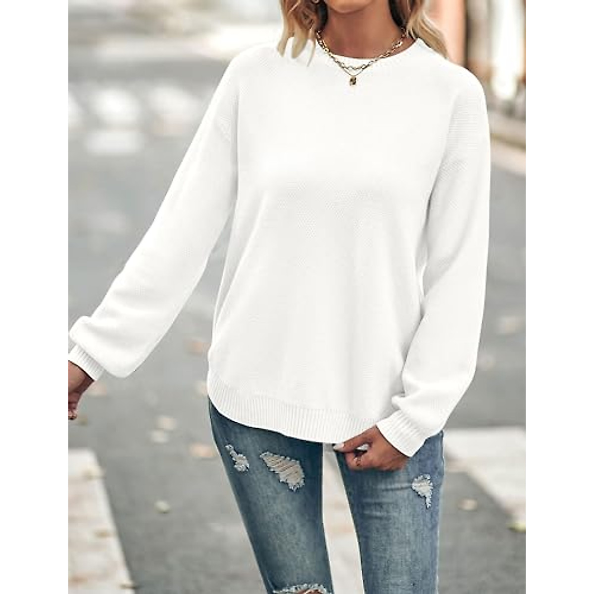 MEROKEETY Women's 2025 Fall Long Balloon Sleeve Crew Neck Sweater Tops Waffle Knit Soft Pullover Jumper, White, M