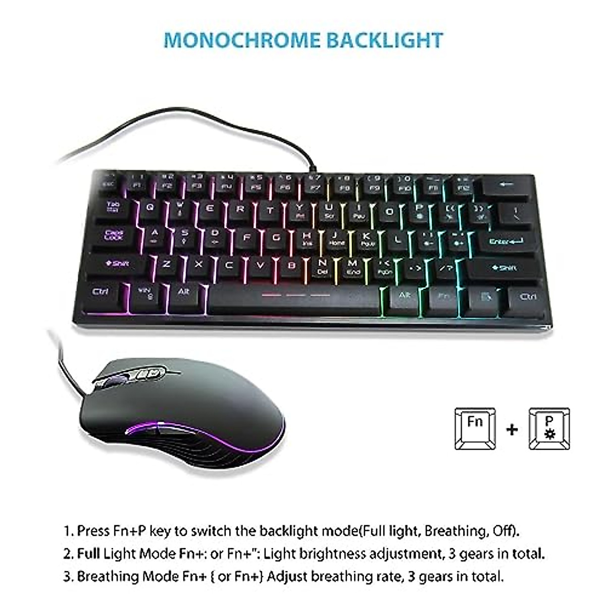 61 Keys RGB Backlit 60% Wired Gaming Keyboard and Mouse Combo, Quiet Ergonomic Waterproof Mini Compact 60 Percent Keyboard, for PC Mac PS4 Xbox Gamer, Typist, Travel