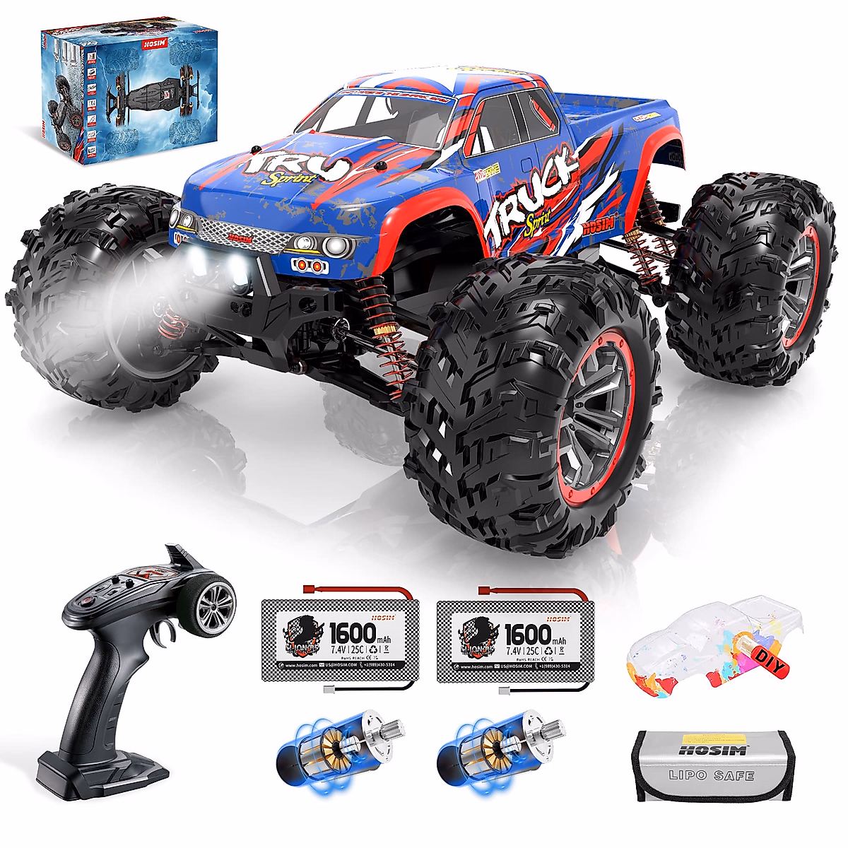 Hosim 1:10 Large Size 48+ KMH 4WD High Speed RC Monster Trucks,Hobby Grade RC Cars for Adults Boys Remote Control Vehicle 2 Batteries for 40+ Min Play Gift for Kids(Blue)