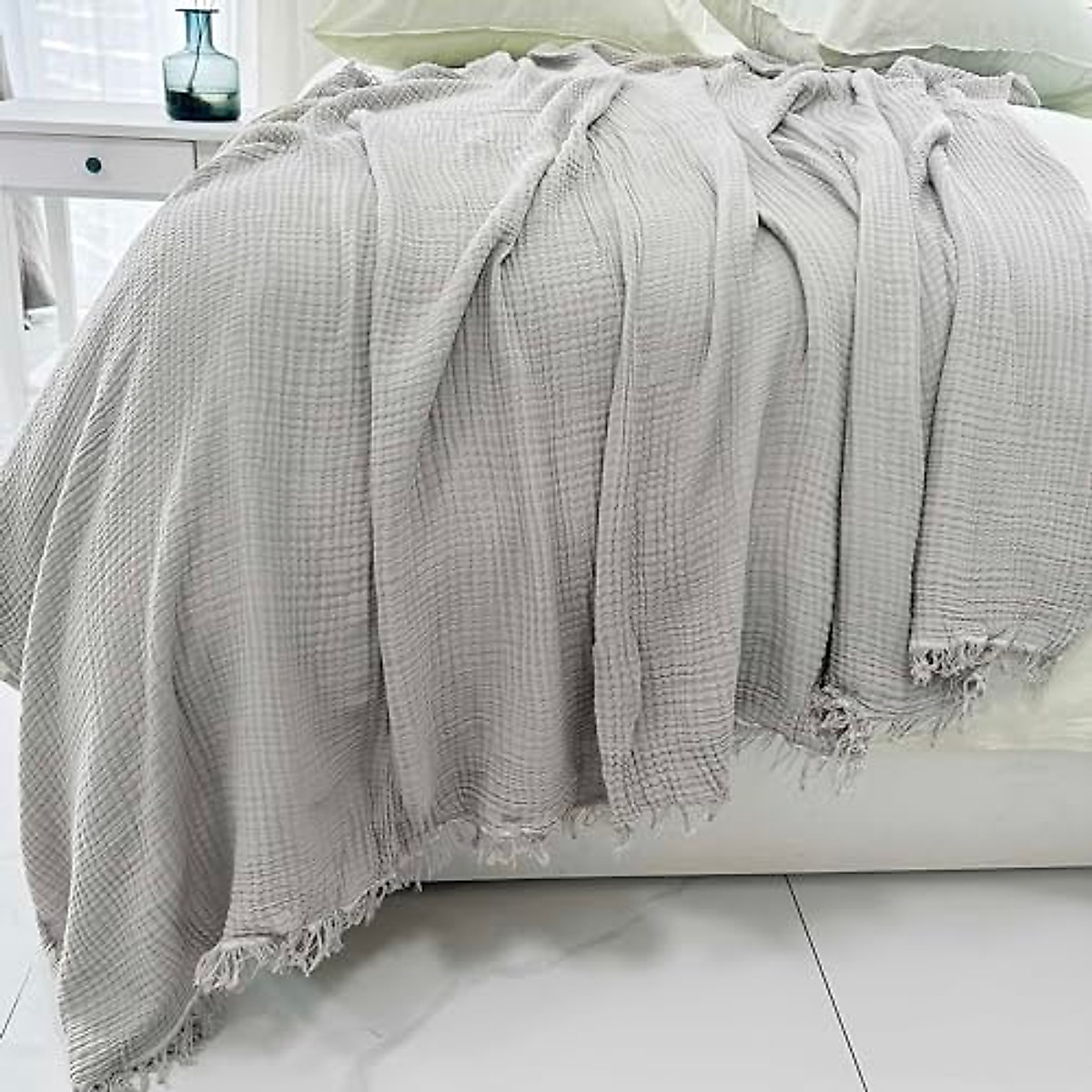 DerF HOME Muslin Cotton Bed Blanket for Couch Adult, 4-Layer Pre-Washed, Breathable Super Soft, Lightweight Summer Blanket Twin Bed Throw Blanket, (Light Grey 60"x80" inches)