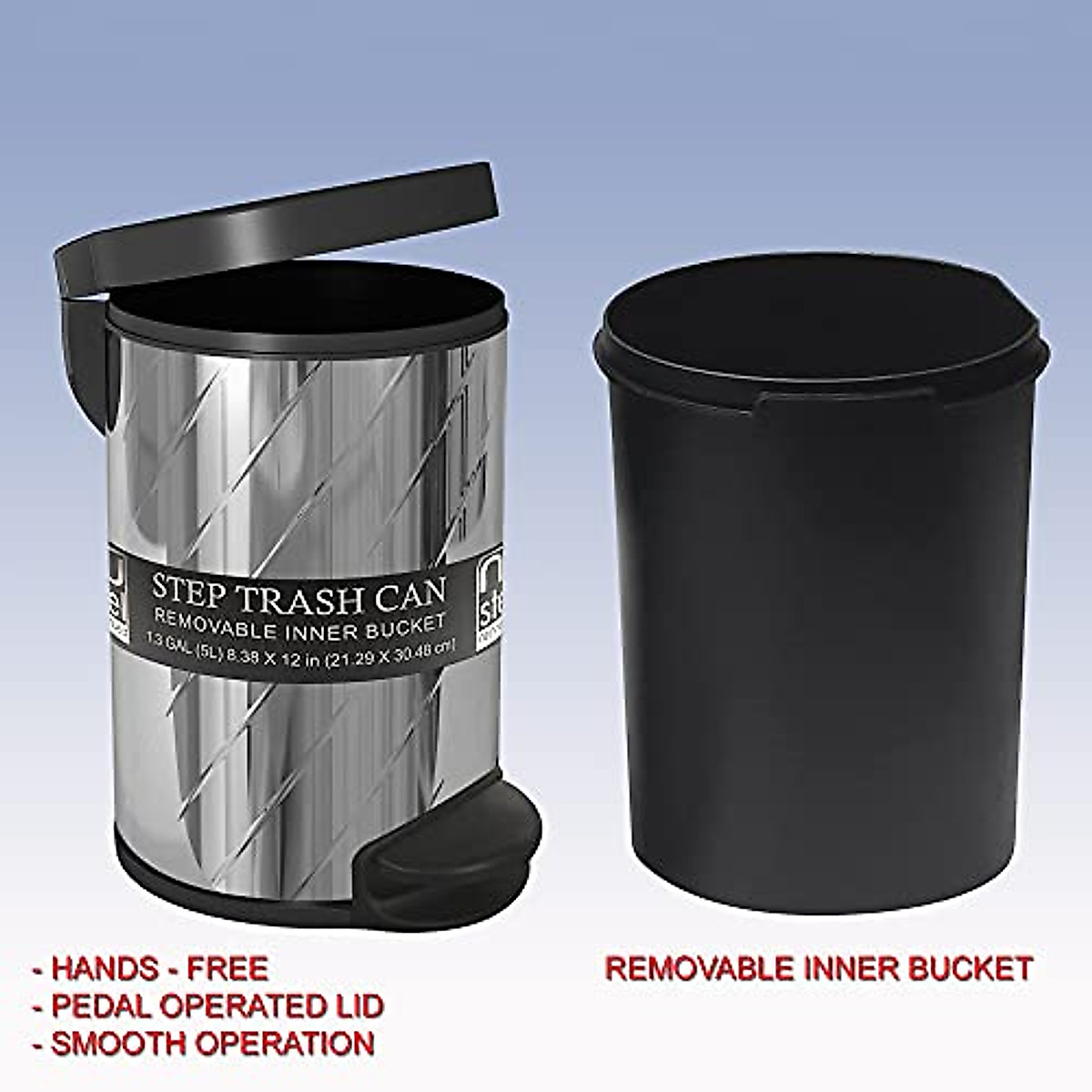 nu steel 5 Liter Round Small Metal Step Trash Can Wastebasket, Garbage Container Bin - for Bathroom, Powder Room, Bedroom, Kitchen, Office - Removable Liner Bucket - 8" x 8" x 12" – Shiny Steel