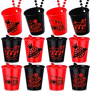 Kingdder 12 Pcs Casino Shot Glass Necklace on Beaded Plastic Shot Necklace Cup Shot Glasses Casino Themed Party Favors, Graduation Las Vegas Party Decoration, 4 Styles(Casino)