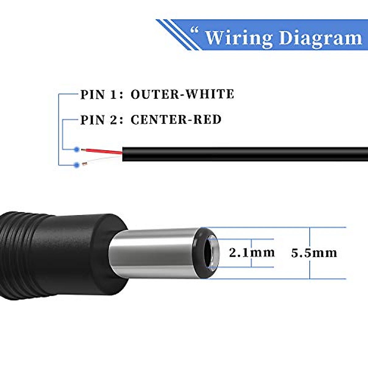 DC to Bare Wire, 5.5mm x 2.5mm 2 Pack 3ft DC Power Male Plug Connector Jack to Bare Wire Open End Replacement for Power Supply Cable Repair