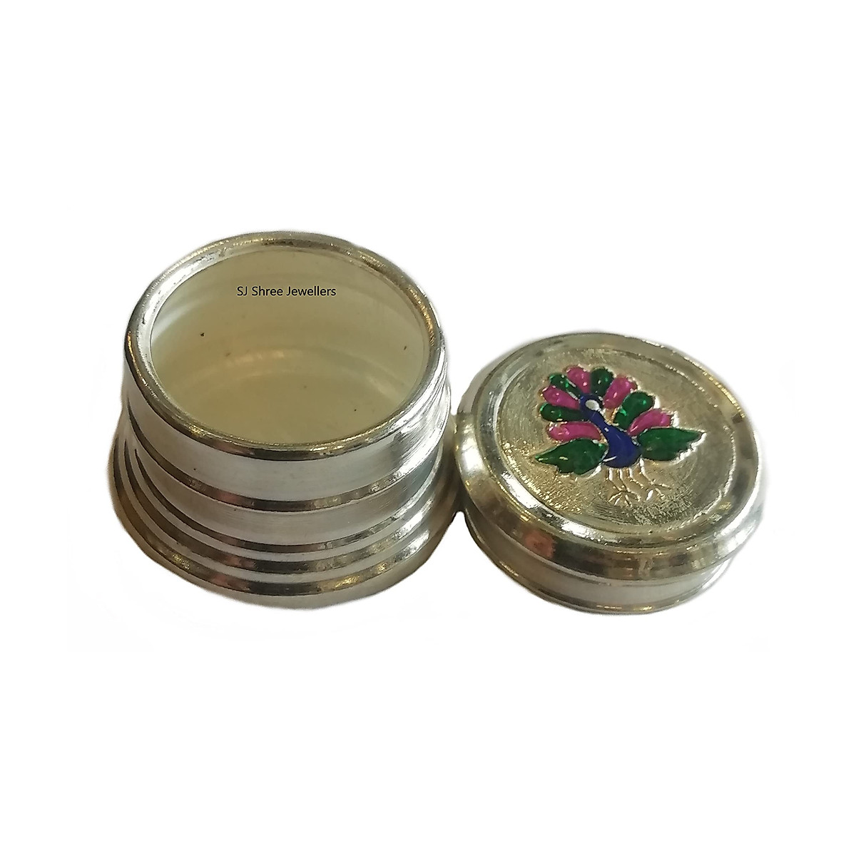 shree jewellers SJ Pure Silver Designer Peacock Meenakari Sindoor Dabbi with Lid, Pooja Items for Home, KumKum Round Box Spiritual Gift Item ~ Small Size 3.5 x 2.5 cm