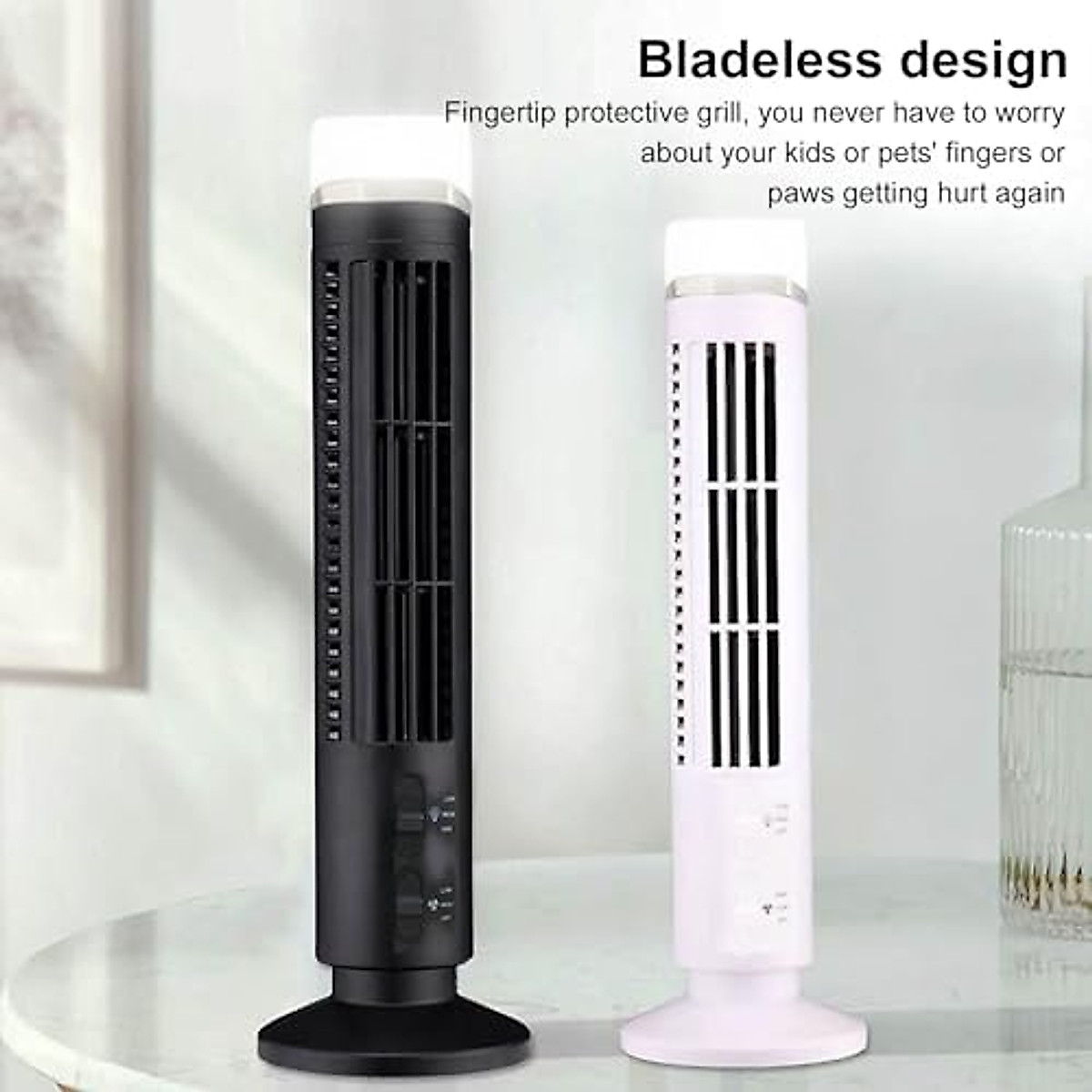 HURRISE Bladeless Tower Fan, Oscillating Fans Standing Fans for Indoors 90 Degree Oscillating Quiet Portable USB Desk Fan with Light for Home Bedroom Office (Black)