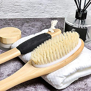 OWIIZI Bath Brush Wooden Curved Long Handle Antiskid Shower Brush for Exfoliating, Natural Bristle Scrubber for Back Use Wet or Dry