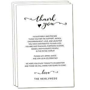 50 Wedding Thank You Place Cards, Wedding Thank You Table Signs, Menu Place Setting Card Notes and Placement Thank You Note Favors for Weddings, Receptions, Rehearsals, Dinner Parties, and Events.