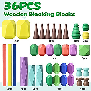 Toys for 3 Year Old Boys Girls, 36 PCS Colorful Wooden Sorting Stacking Rocks, Sensory Toys for Toddlers 3-4 Montessori Building Blocks for Kids Ages 4-8, Preschool Learning Activities for Home School