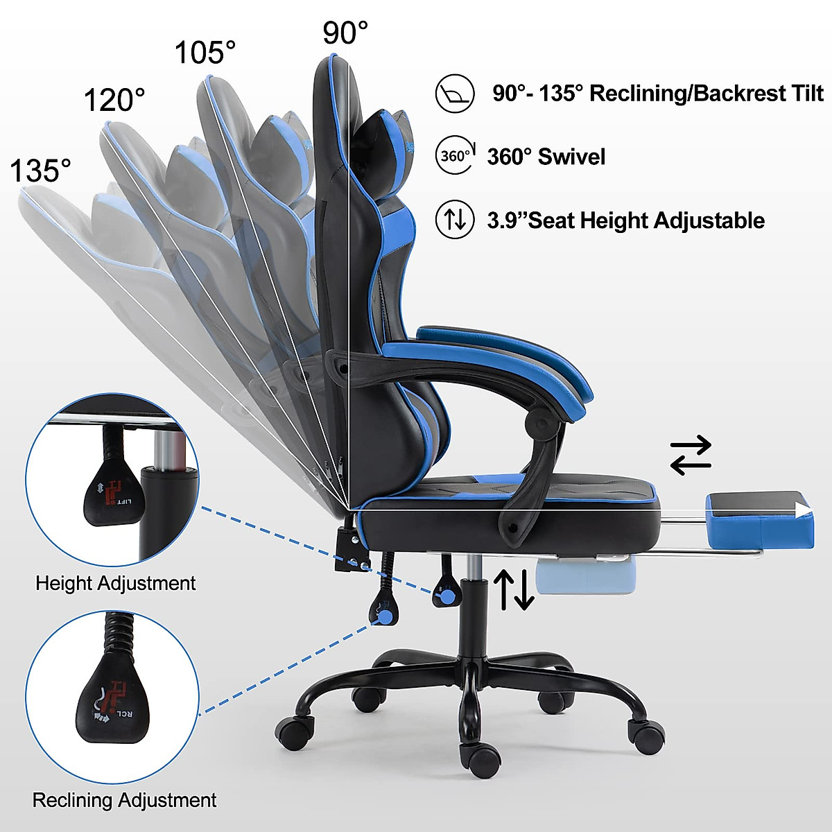 Darkecho Massage Gaming Chair with footrest,Computer Chair with Flat Seat Cushion,Height Adjustable Gamer Chair with Padded Armrests,Headrest and Lumbar Support for Office or Gaming Blue