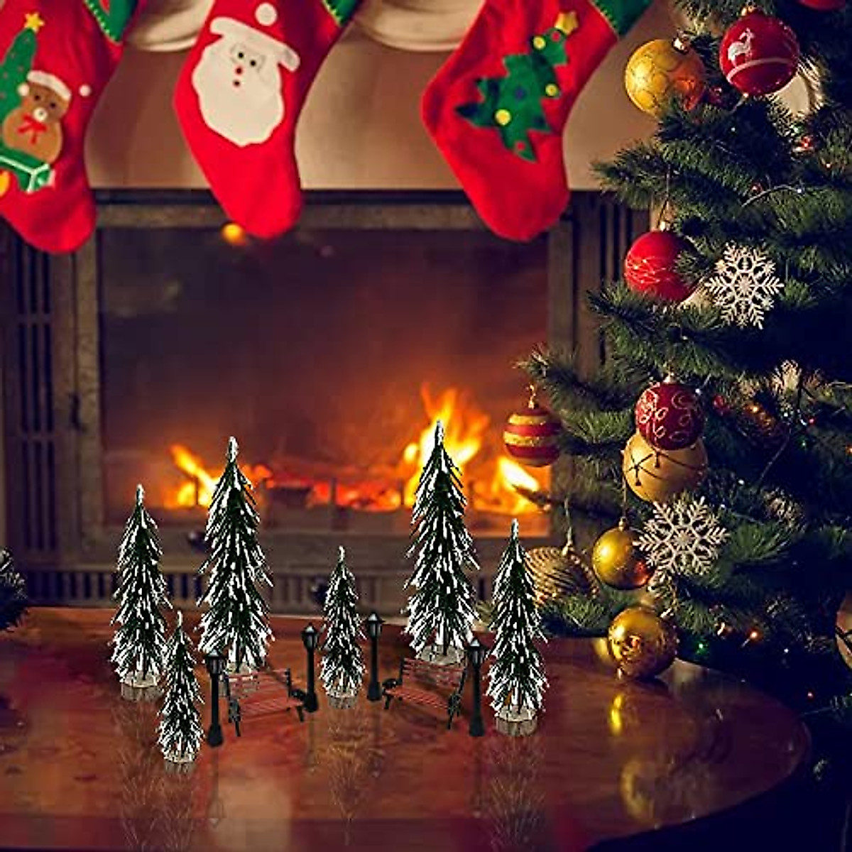 13 Pieces Mini Artificial Christmas Tree Set with Christmas Village Houses 4 Pieces Xmas Street Lamp Post and 2 Pieces Miniature Park Bench Seat for Christmas Table Top Decor