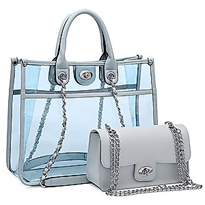 Large Clear Tote Bag PVC Top Handle Shoulder Bag 2 Pieces Set With Turn Lock Closure (Blue)
