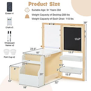 INFANS 3 in 1 Kids Art Table and Chair Set, Toddler Craft and Play Wood Activity Desk with Double-Sided Easel Blackboard Whiteboard, Paper Roll for Writing, Children Furniture for Daycare Nursery