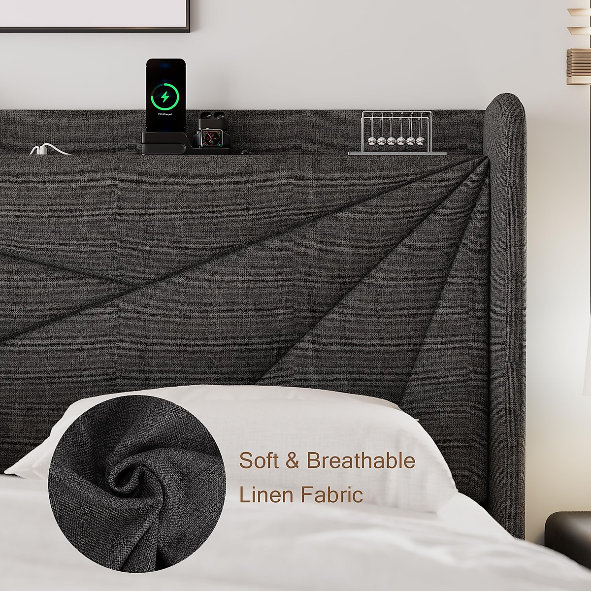 Einhomn Full Size Upholstered Bed Frame with Charging Station, Platform Bed Frame with Storage Headboard, Solid Wood Slats Support, No Box Spring Needed, Dark Gray